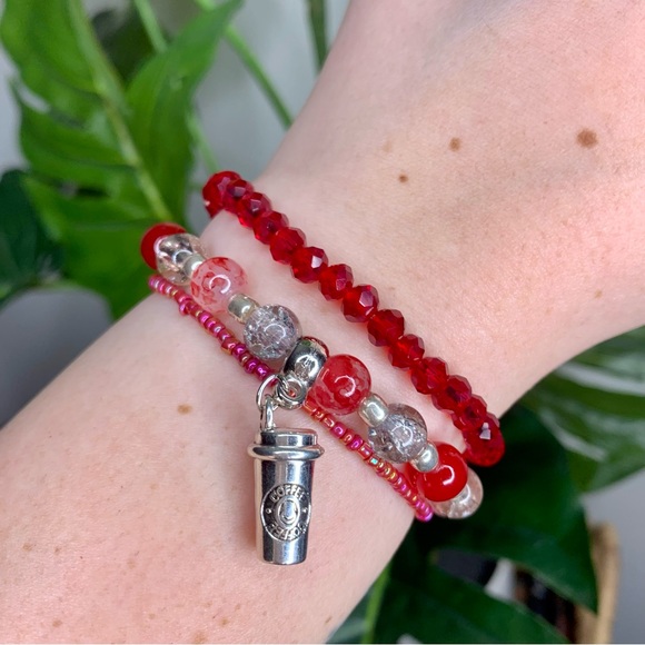 Handmade | Jewelry | 3 X 3 Coffee Red Charm Beaded Bracelet Stack Set Of 3 Gift Bundle | Poshmark